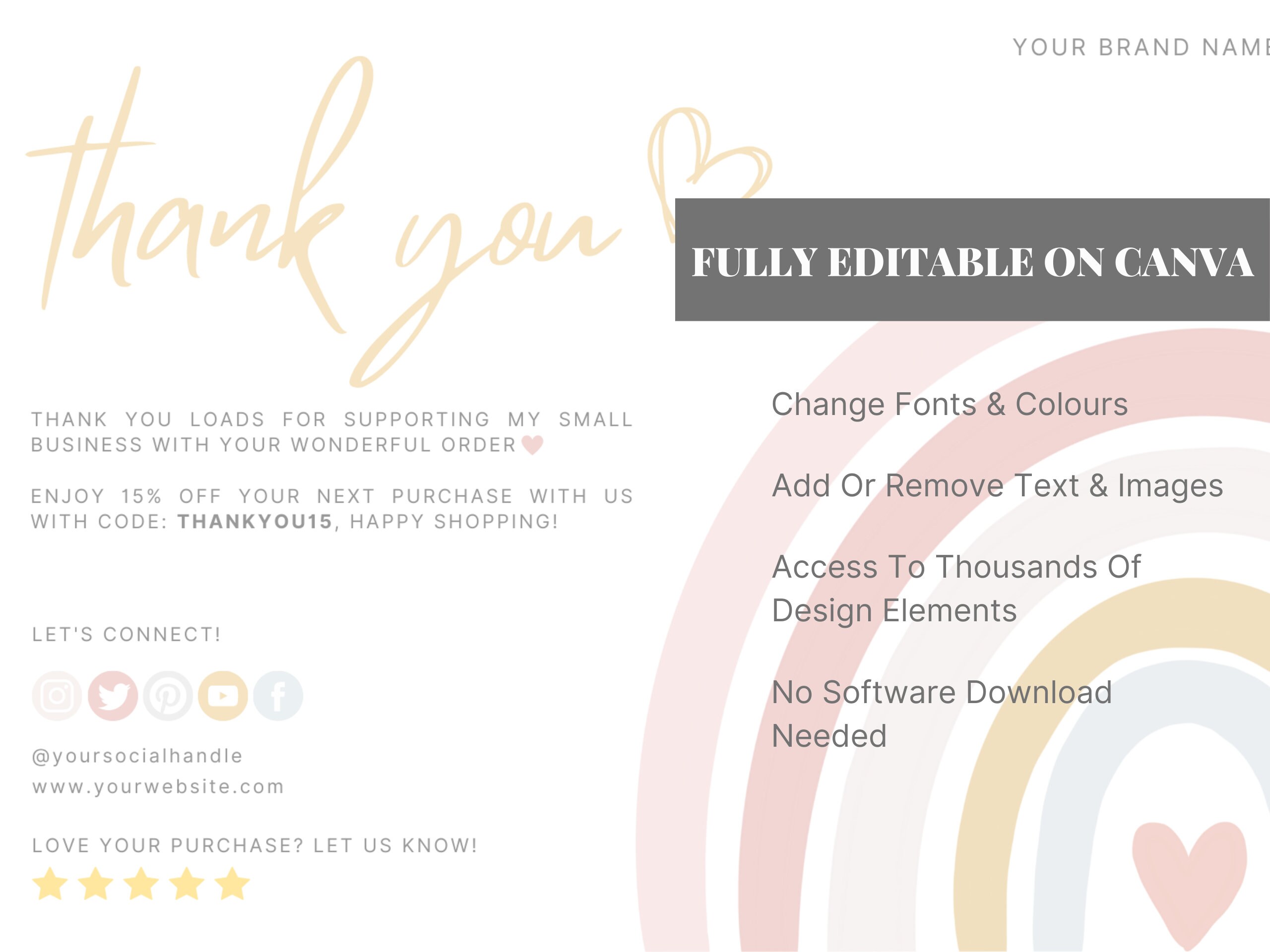 Boho Rainbow Thank You Cards Template Design for Small - Etsy