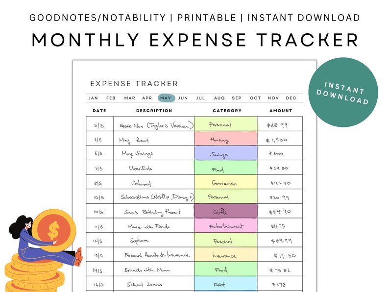 Monthly Expense Tracker Printable/minimalistic Finance Budget Planner/business Expense Log ...