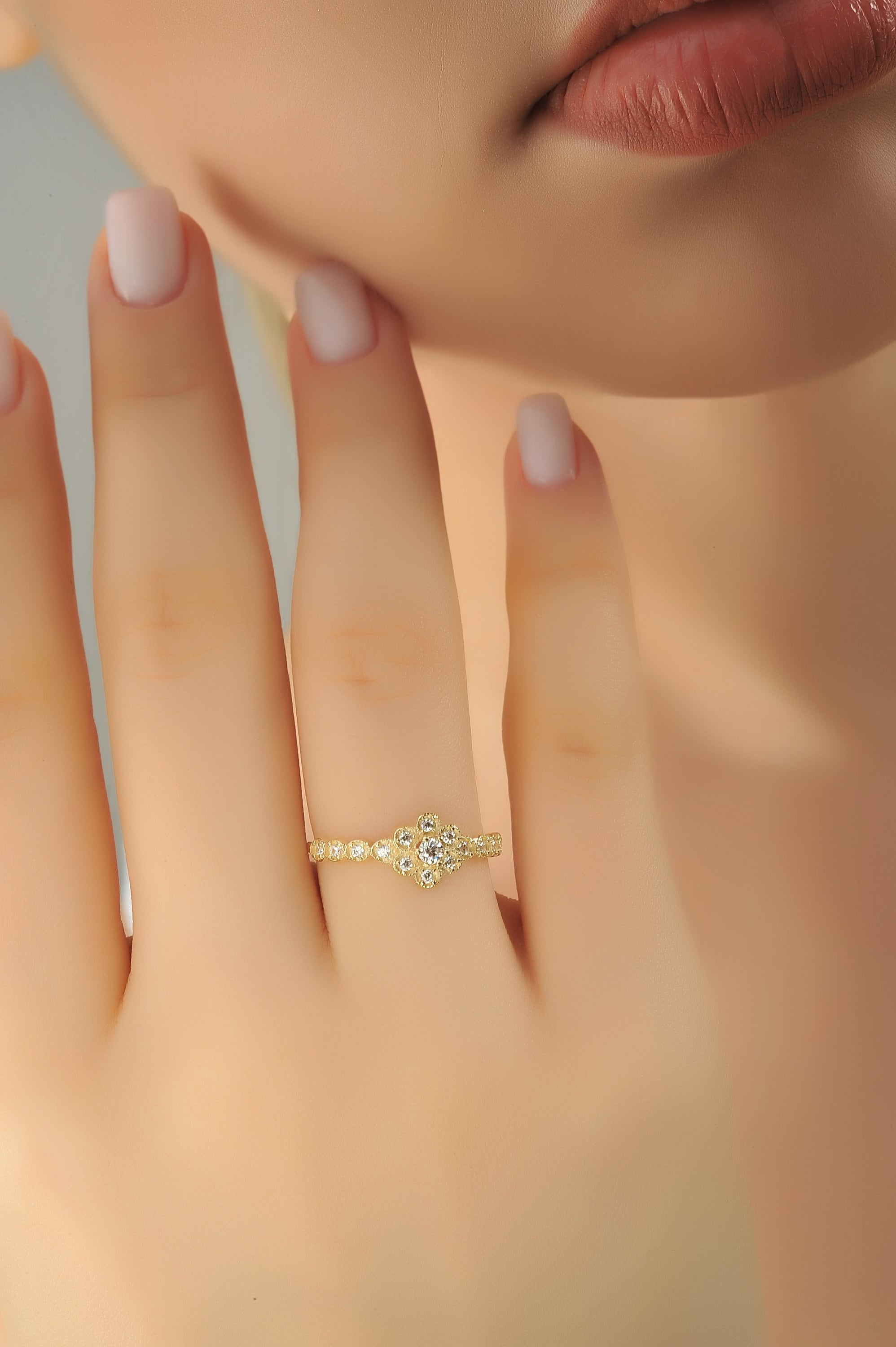 14K Solid Gold Flower Gemstone Ring for Her, Floral Half Eternity Engagement Ring Women ...