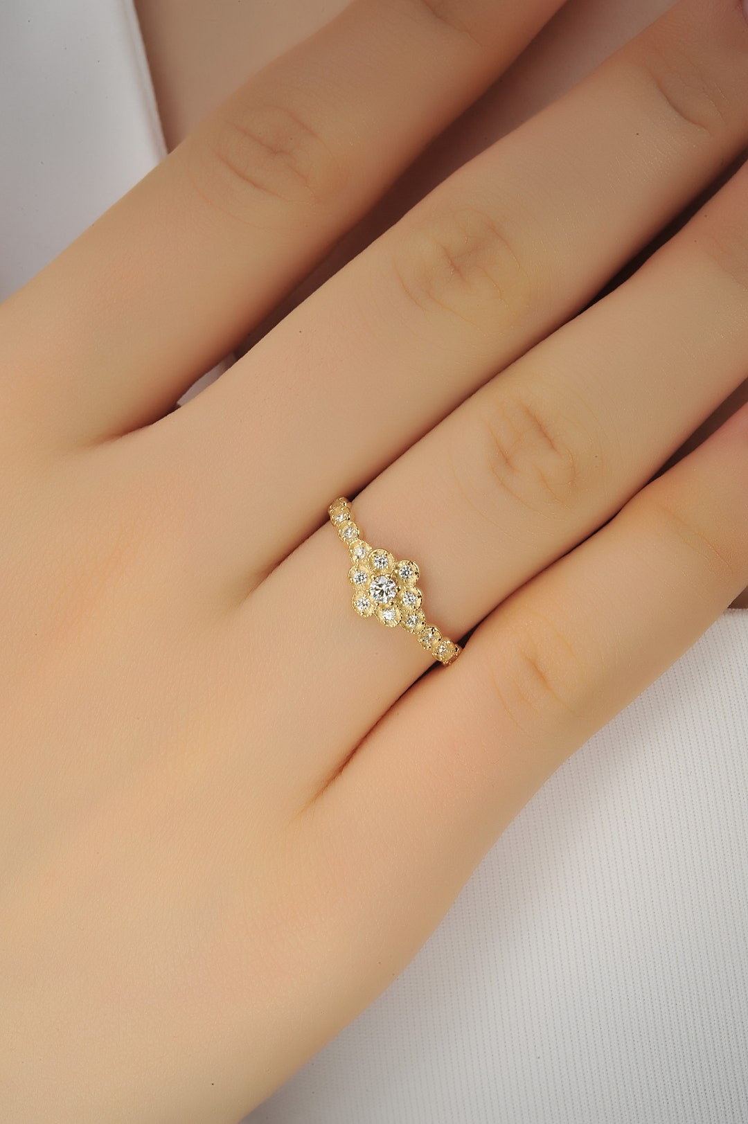 14K Solid Gold Flower Gemstone Ring for Her, Floral Half Eternity ...