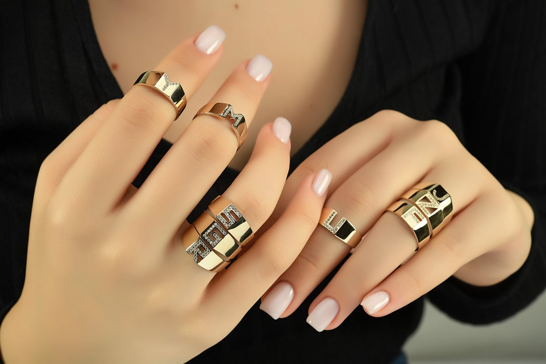 14K Gold Letter Ring, Personalized Letter Ring, Initial Gold Letter ...