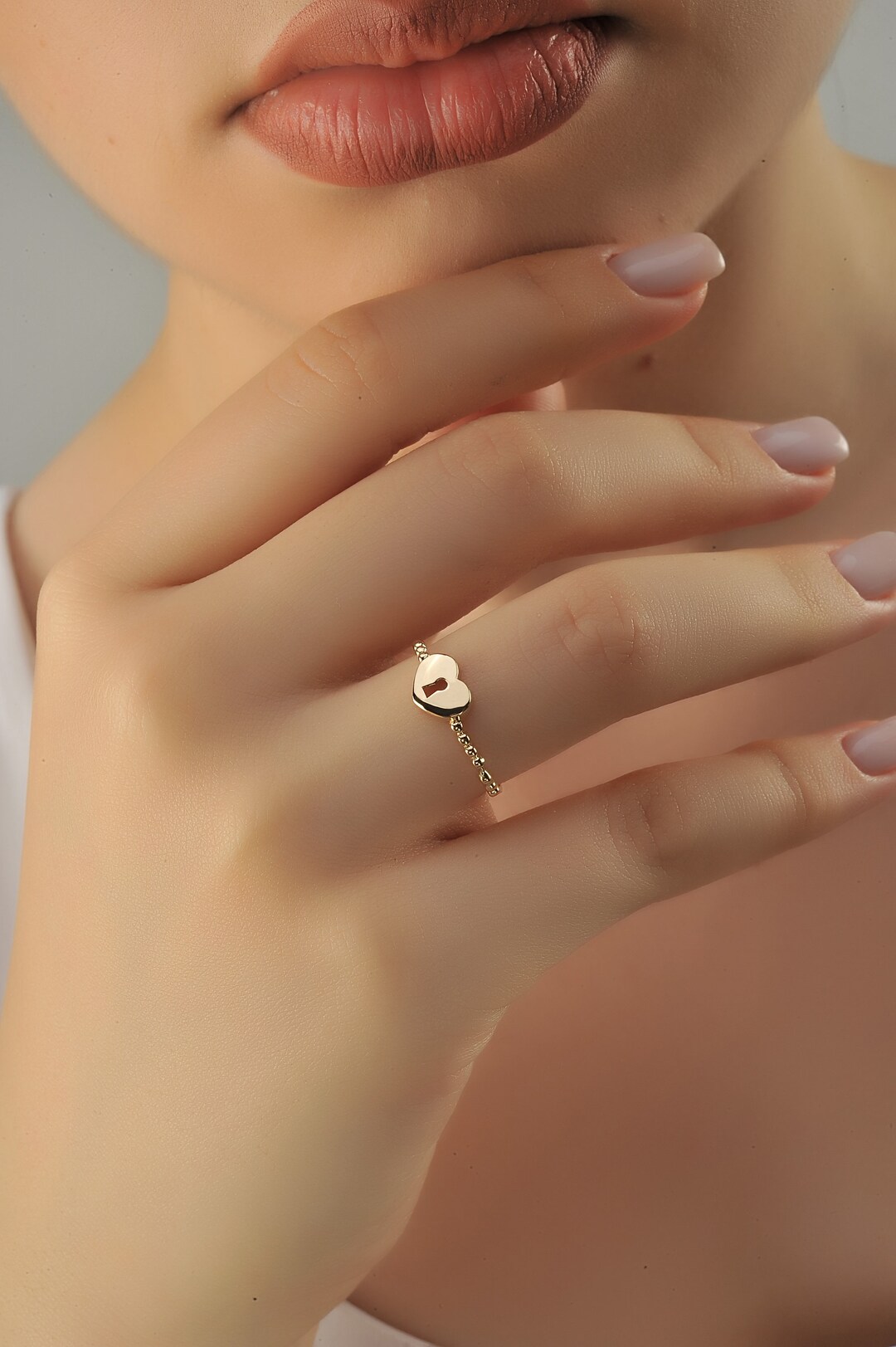 14K Solid Gold Heart Lock Ring for Women, Minimalist Dainty Stackable Open Heart Ring, Golden ...