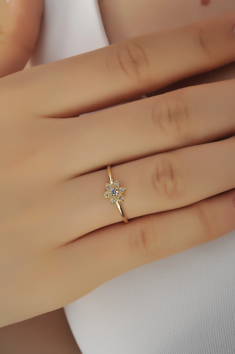 14K Solid Gold Lotus Flower Gemstone Ring, Floral Engagement Ring for ...