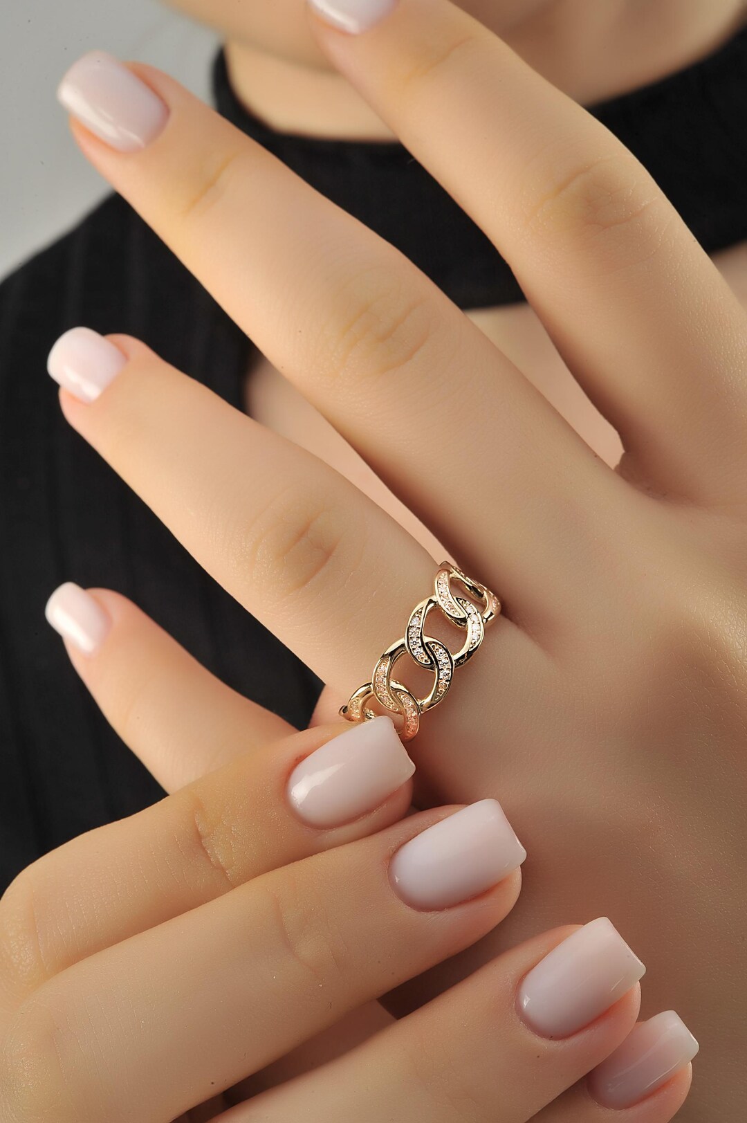 14K Solid Gold Miami Chain Wedding Ring, Art Deco CZ Pave Cuban Link ...