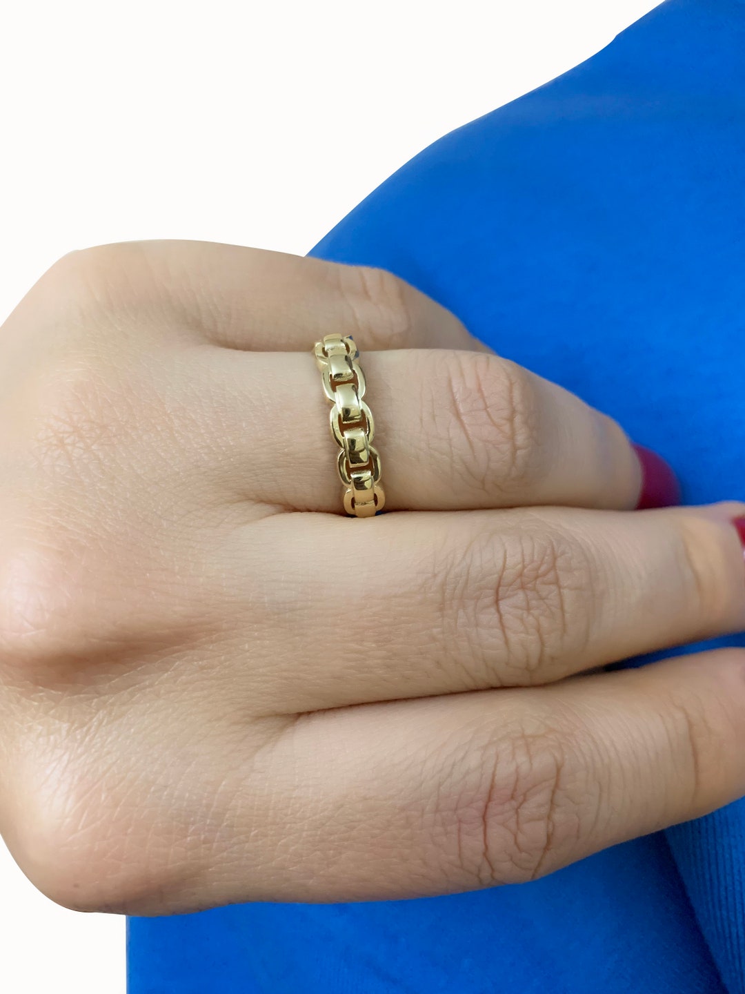 14K Solid Gold Rolex Style Chain Shape Ring, 4.76MM President Band ...