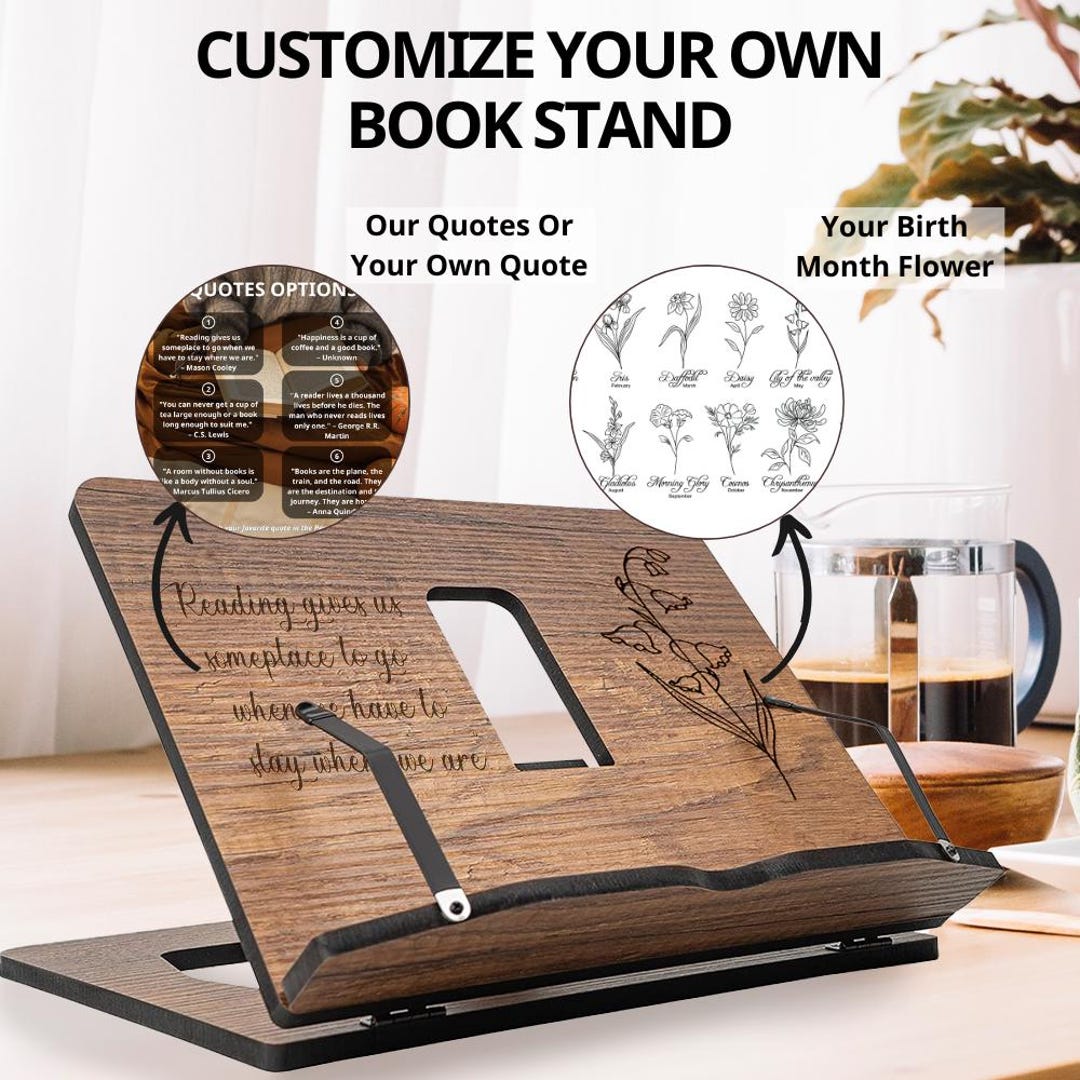 Custom Book Stand With Quote, Birth Month Flower Book Stand & Cookbook ...
