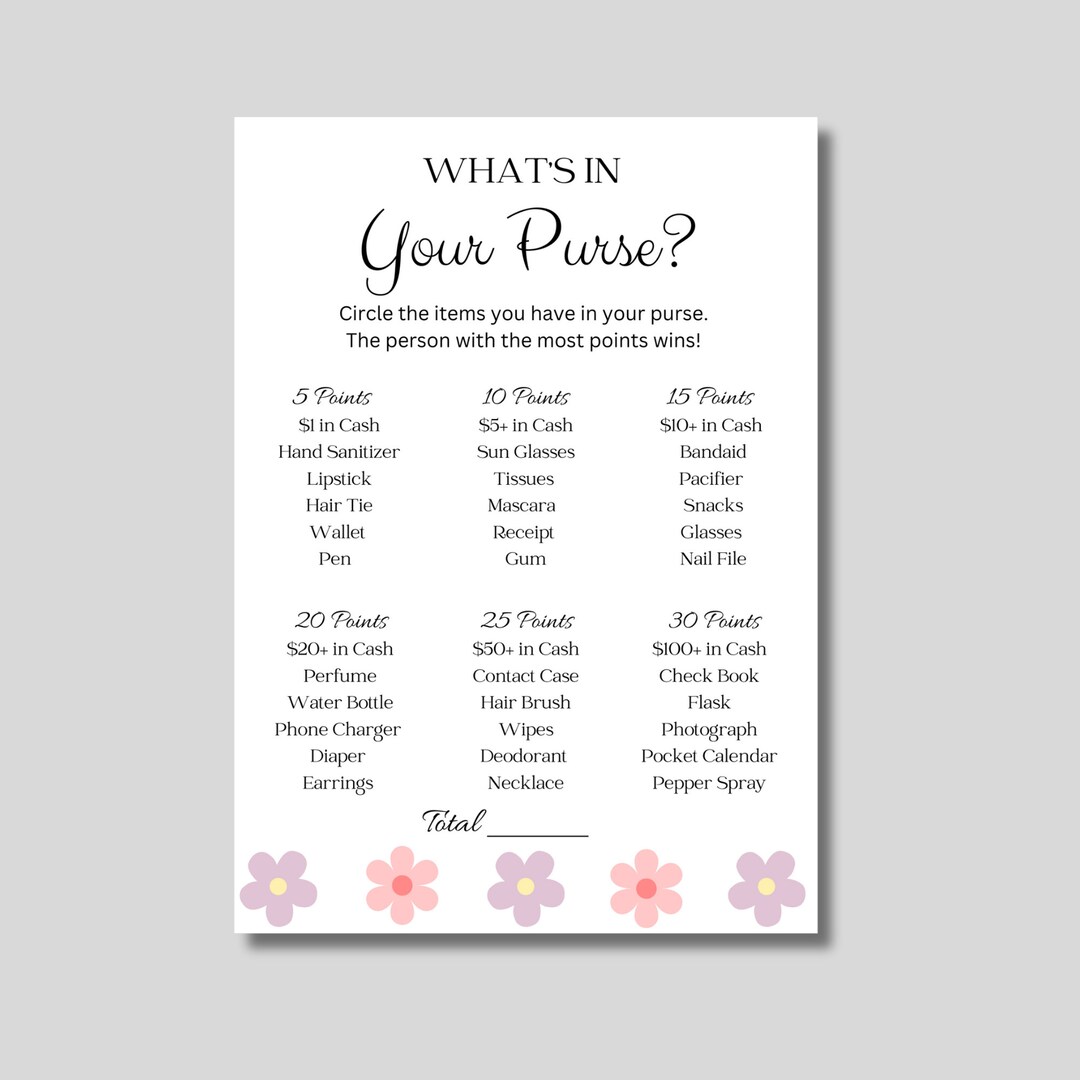 What's in Your Purse, Baby Shower Game, Floral, Pink, Purple, Girl Baby ...