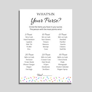 What's in Your Purse, Sprinkle, Baby Shower Game, Instant Download ...