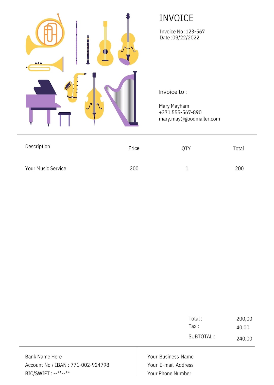 Music Service INVOICE Template Printable PDF Instruments - Etsy
