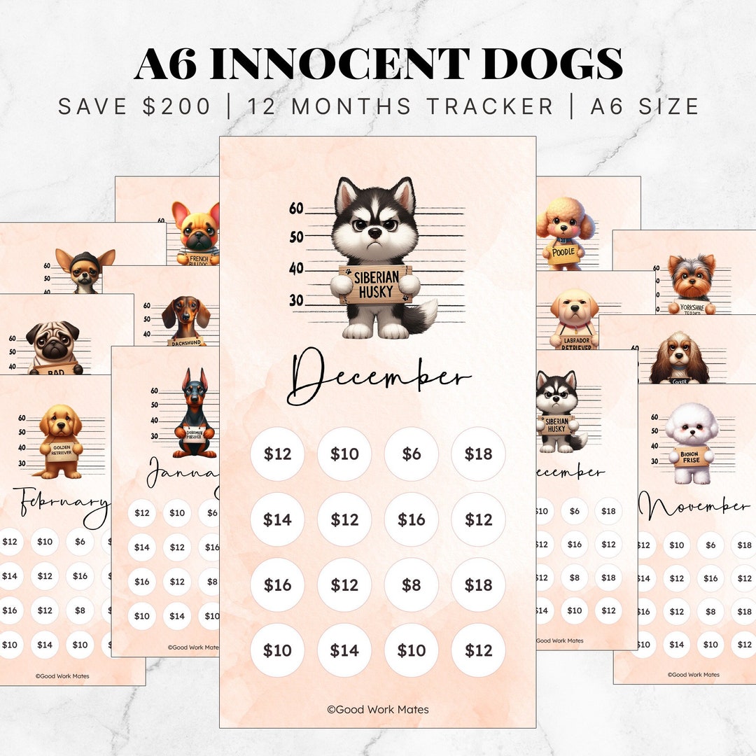 A6 Cute Guilty Grumpy Dogs 12 Month Cash Tracker, A6 Money Savings ...