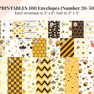 100 Envelope Challenge Set Printable Bee Theme, 100 Cash Envelope Box ...