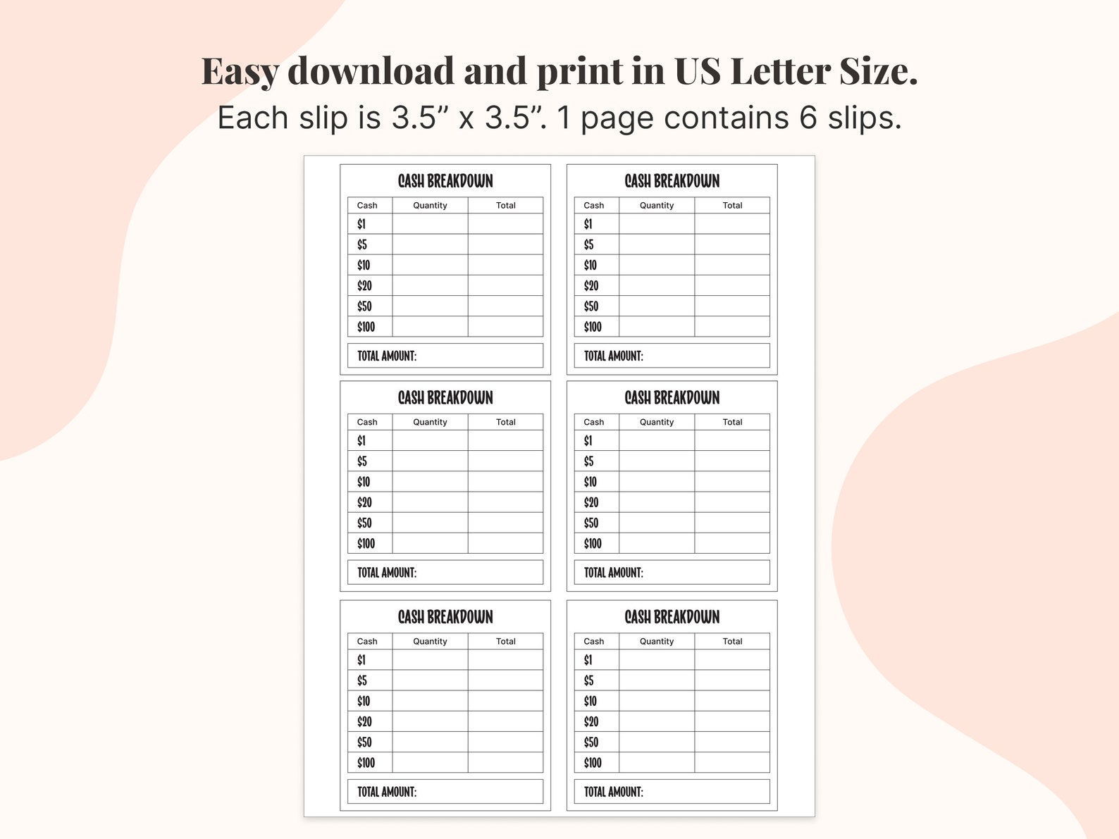 Cash Breakdown Denomination Slip Set of 6 Bank Teller Slip - Etsy