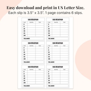 Cash Breakdown Denomination Slip Set of 6, Bank Teller Slip, Budget ...
