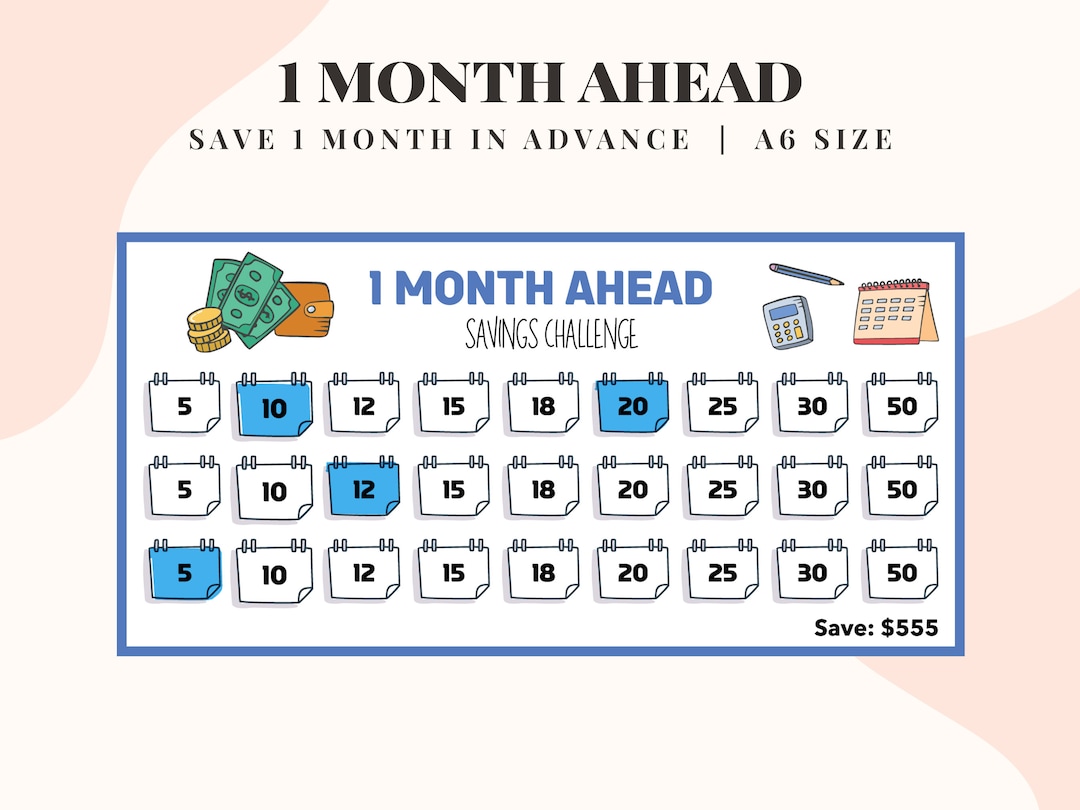 1 Month Ahead Savings Challenge, 52 Week Savings Challenge, Cash ...