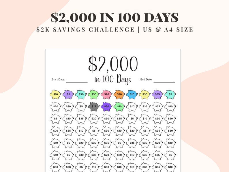 2k in 100 Days, 2k Savings Challenge, 2000 Dollars Tracker, 2k Saving ...