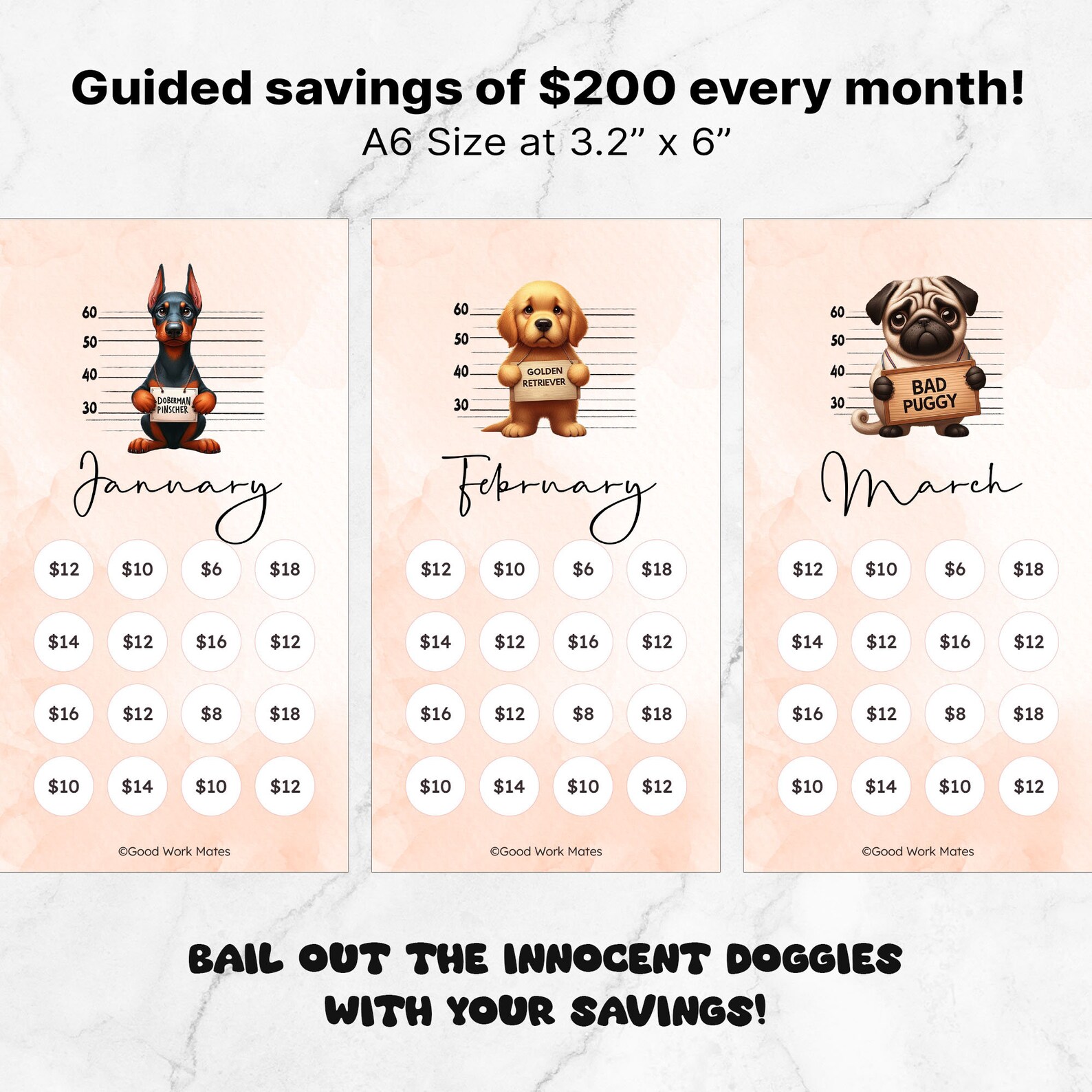 A6 Cute Guilty Grumpy Dogs 12 Month Cash Tracker, A6 Money Savings ...