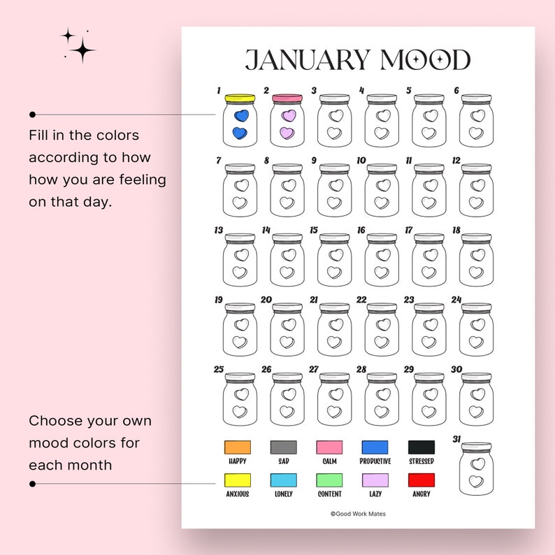 Daily Mood Tracker Heart Jar Bundle, Printable Monthly Tracker Bundle ...