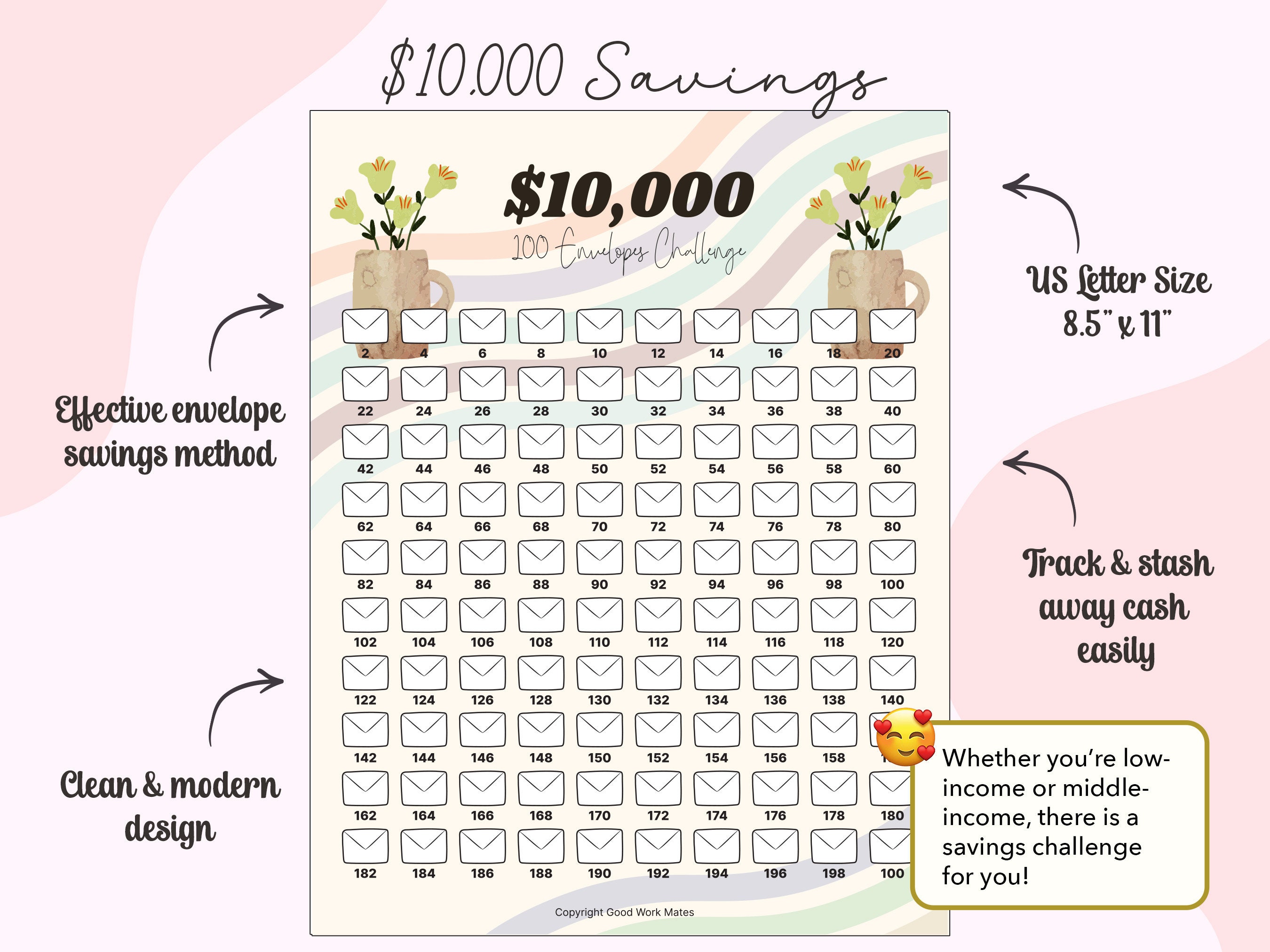 100k Envelope Challenge Printable Flower Theme 100 Cash - Etsy