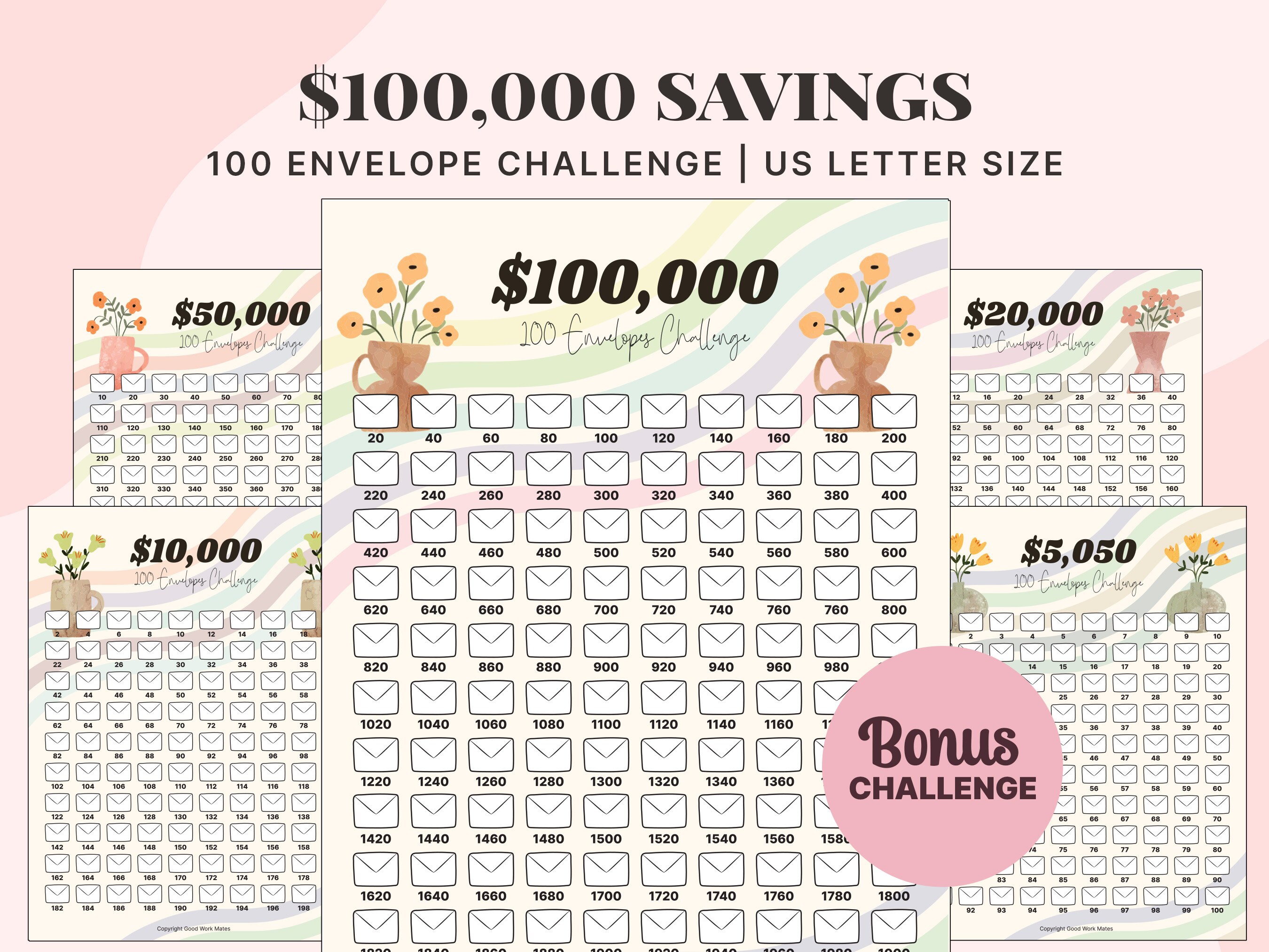 100k Envelope Challenge Printable Flower Theme 100 Cash - Etsy
