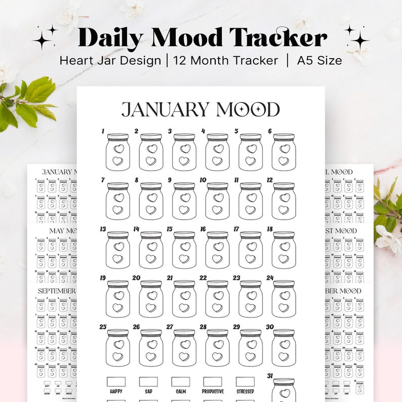 Daily Mood Tracker Heart Jar Bundle, Printable Monthly Tracker Bundle ...