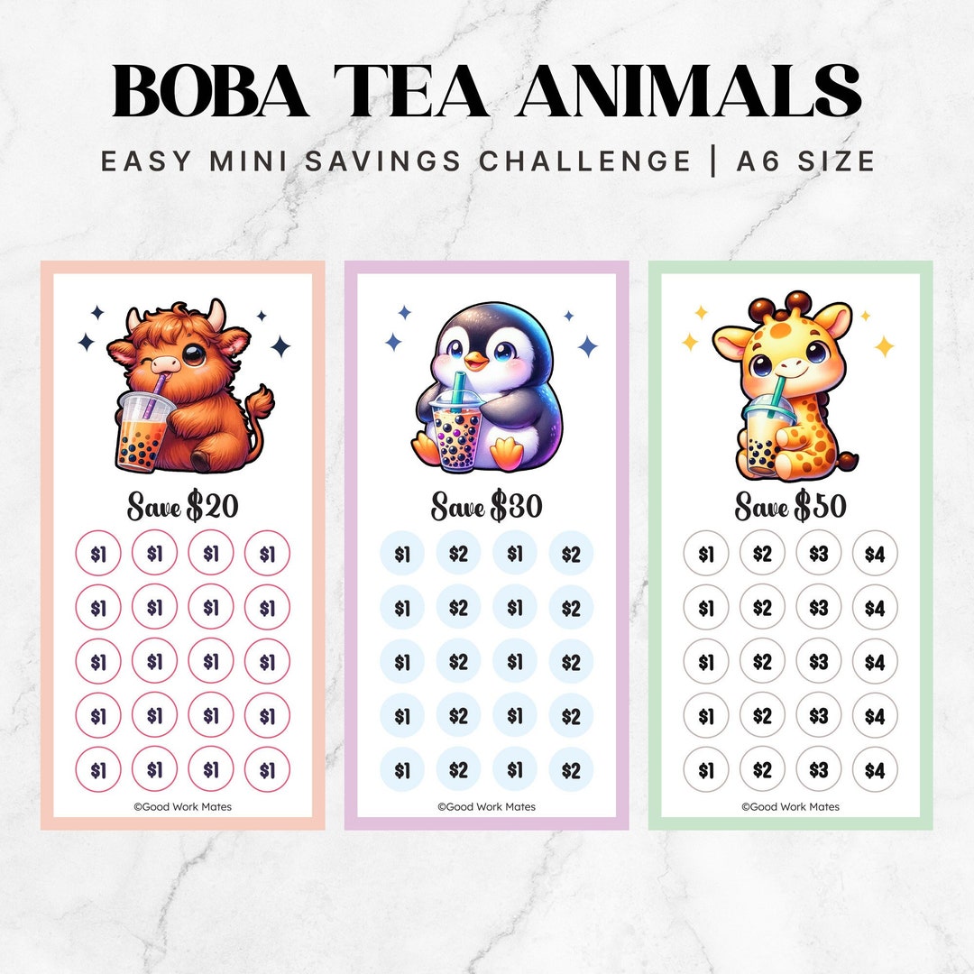 A6 Cute Boba Tea Animals Mini Savings Challenge, Money Savings ...