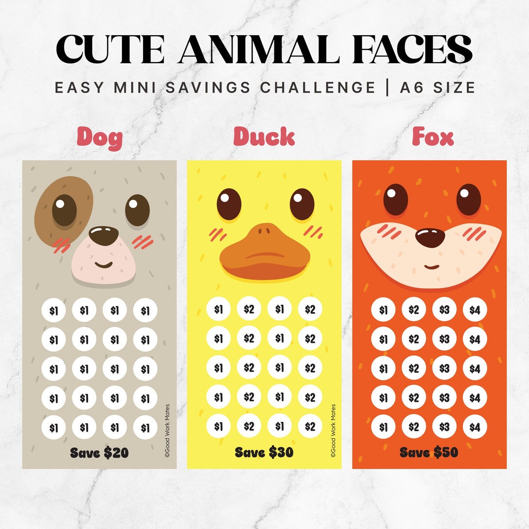 A6 Cute Kawaii Full Face Animals Saving Challenge, Money Savings ...