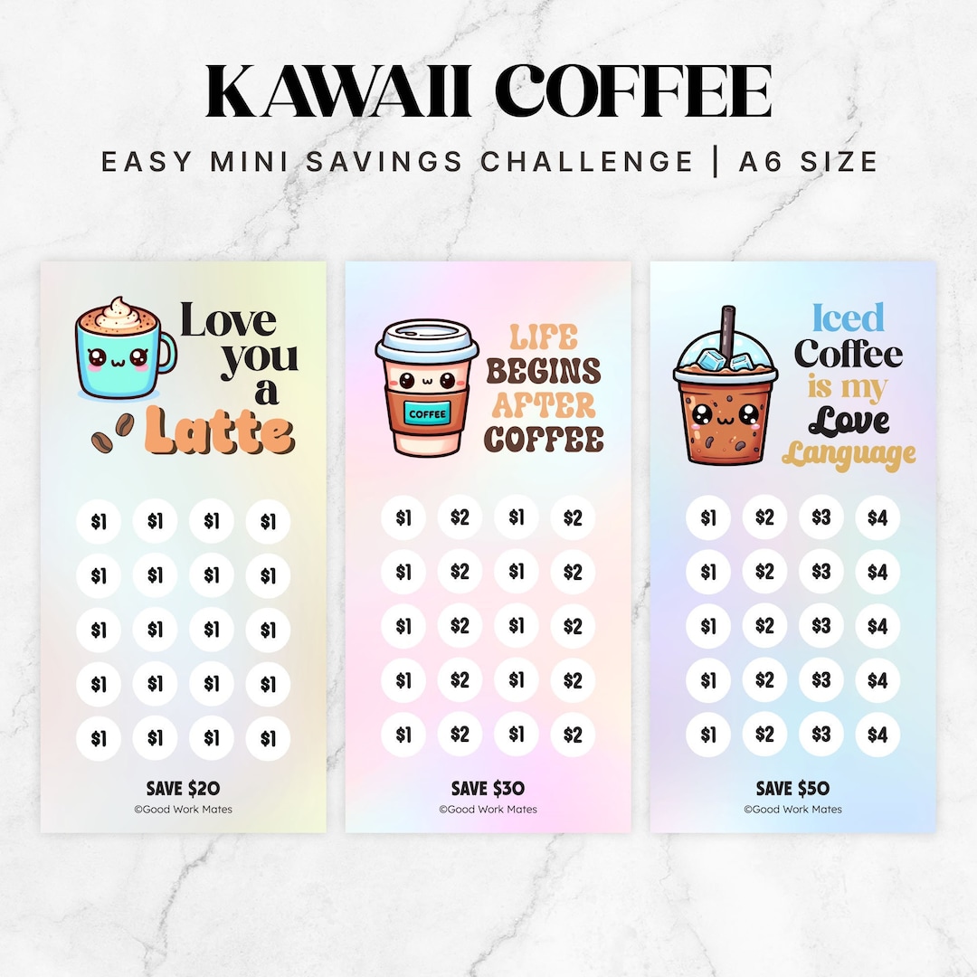A6 Cute Kawaii Coffee Mini Savings Challenge, Money Savings Challenge ...