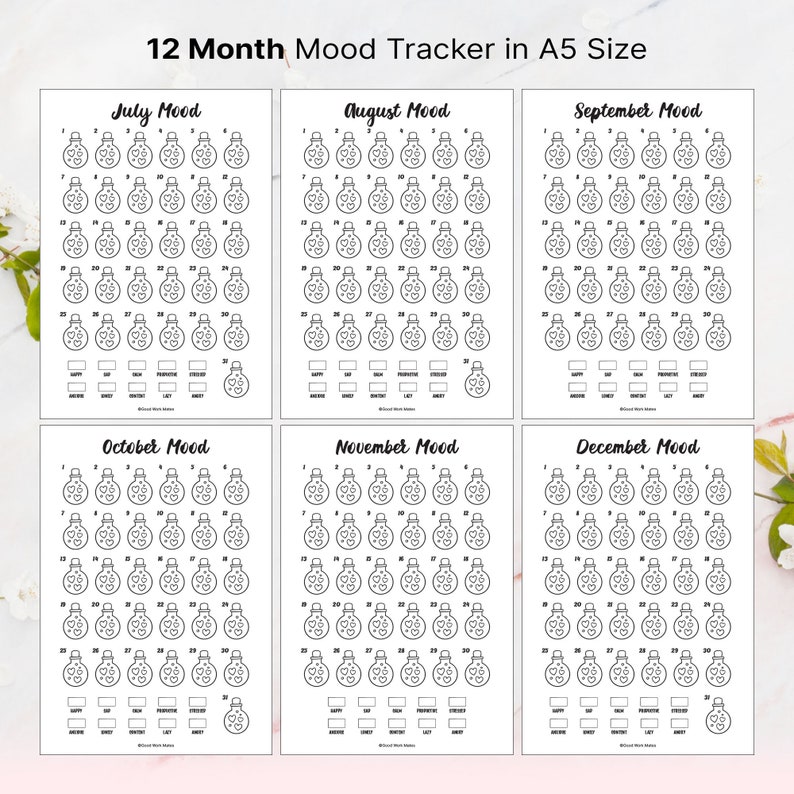 Daily Mood Tracker Heart Portion, Printable Monthly Tracker Bundle ...
