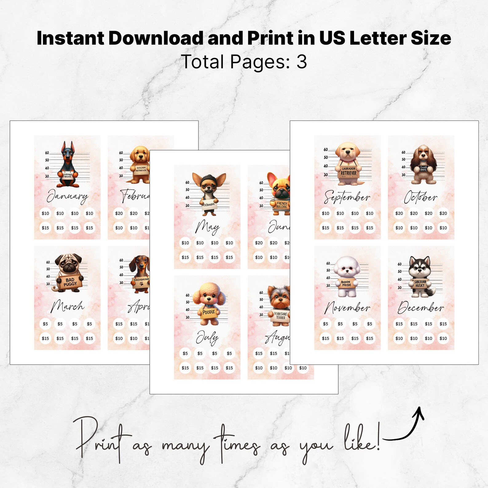 A7 Cute Guilty Grumpy Dogs 12 Month Cash Tracker, A7 Money Savings ...
