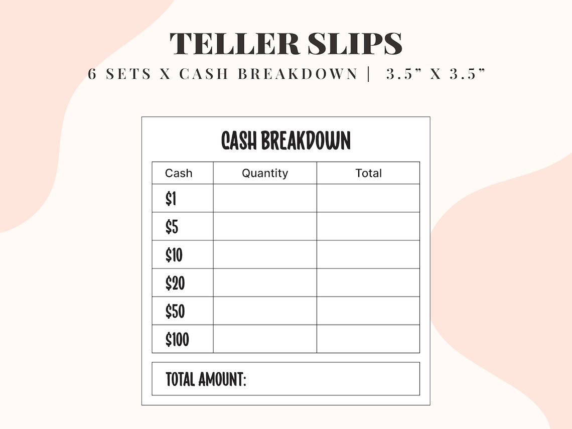 Cash Breakdown Denomination Slip Set of 6, Bank Teller Slip, Budget ...