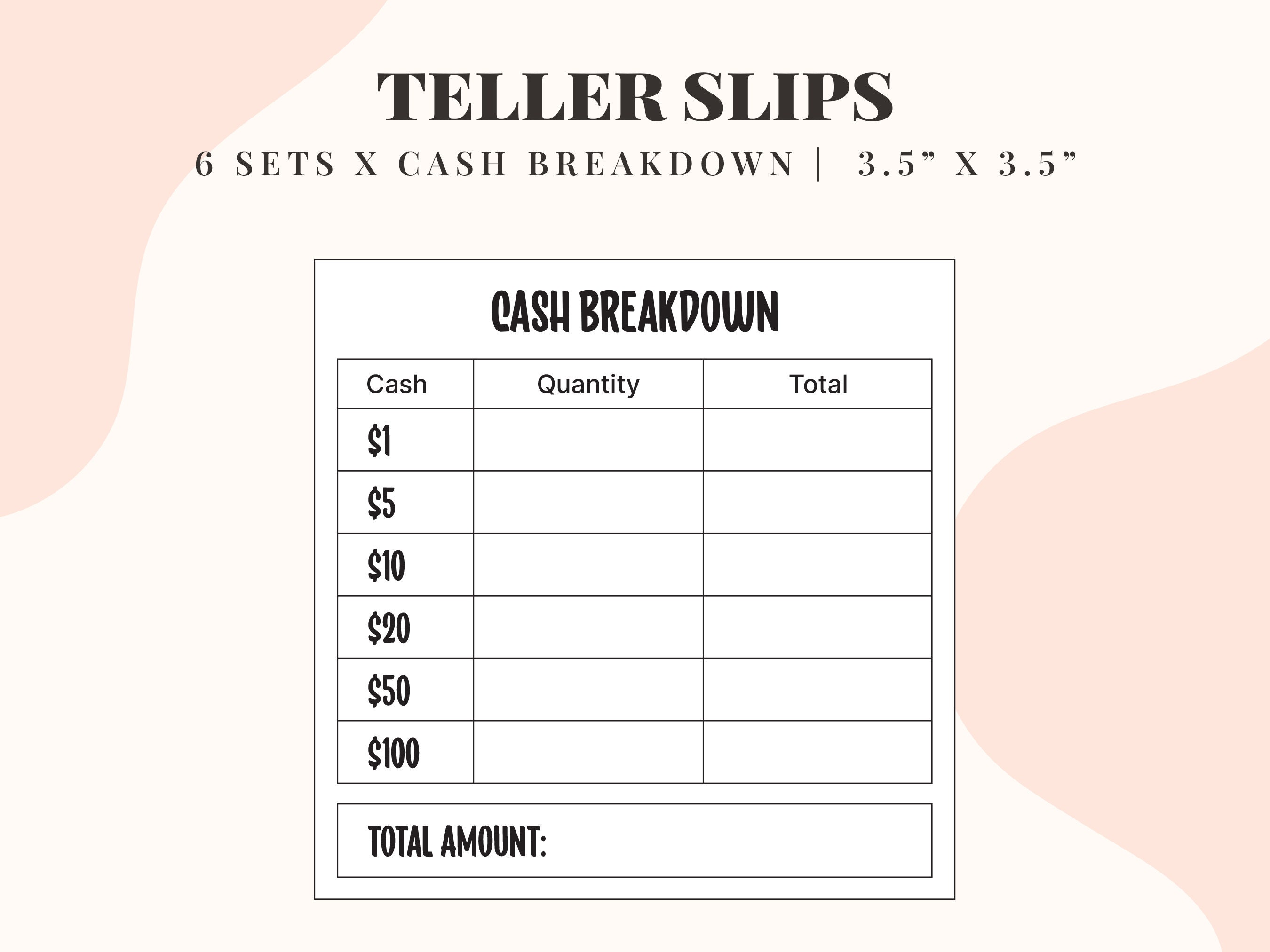 Cash Breakdown Denomination Slip Set of 6, Bank Teller Slip, Budget ...