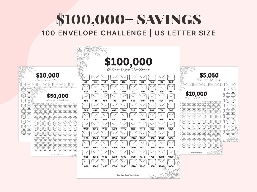 100k Envelope Challenge Printable Floral Theme, 100 Cash Envelope Box ...