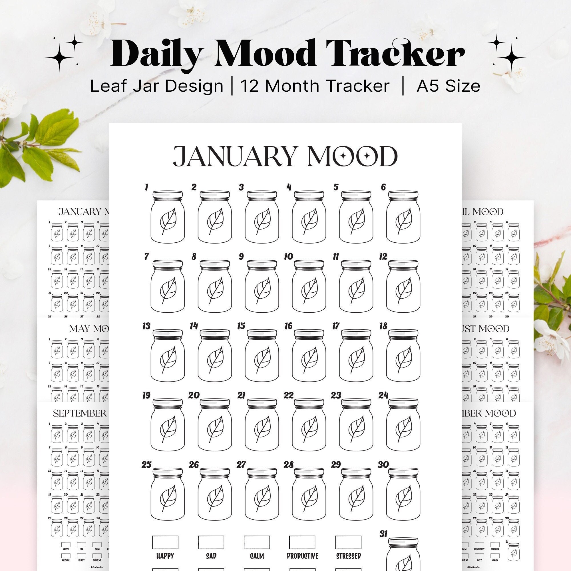 Daily Mood Tracker Leaf Jar Bundle, Printable Monthly Tracker Bundle ...