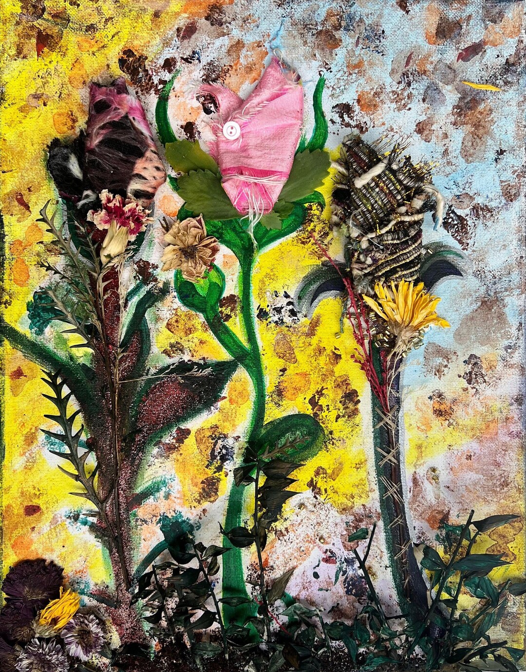 Stunning Epoxied Canvas Painting With Hand-sewn Fabric, Real Garden ...