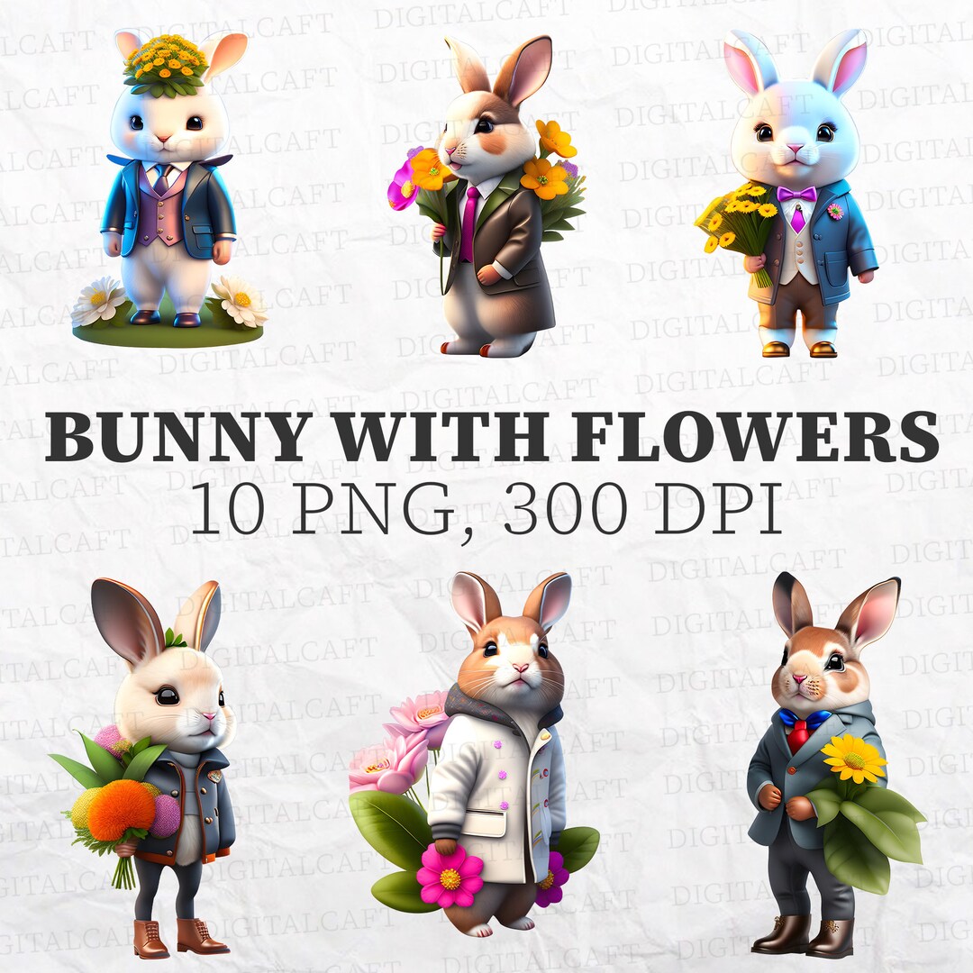 Bunny With Flowers Clipart Bundle, Nursery Spring Clipart Bundle, JPG ...