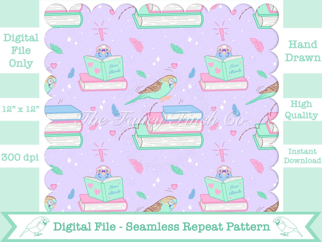 Budgie Book Lover Seamless Pattern Budgerigar Pastel Digital Paper ...