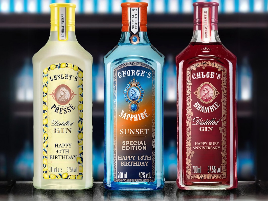 Personalised Bombay Gin Label – London Dry, Citron Pressé, Sunset ...