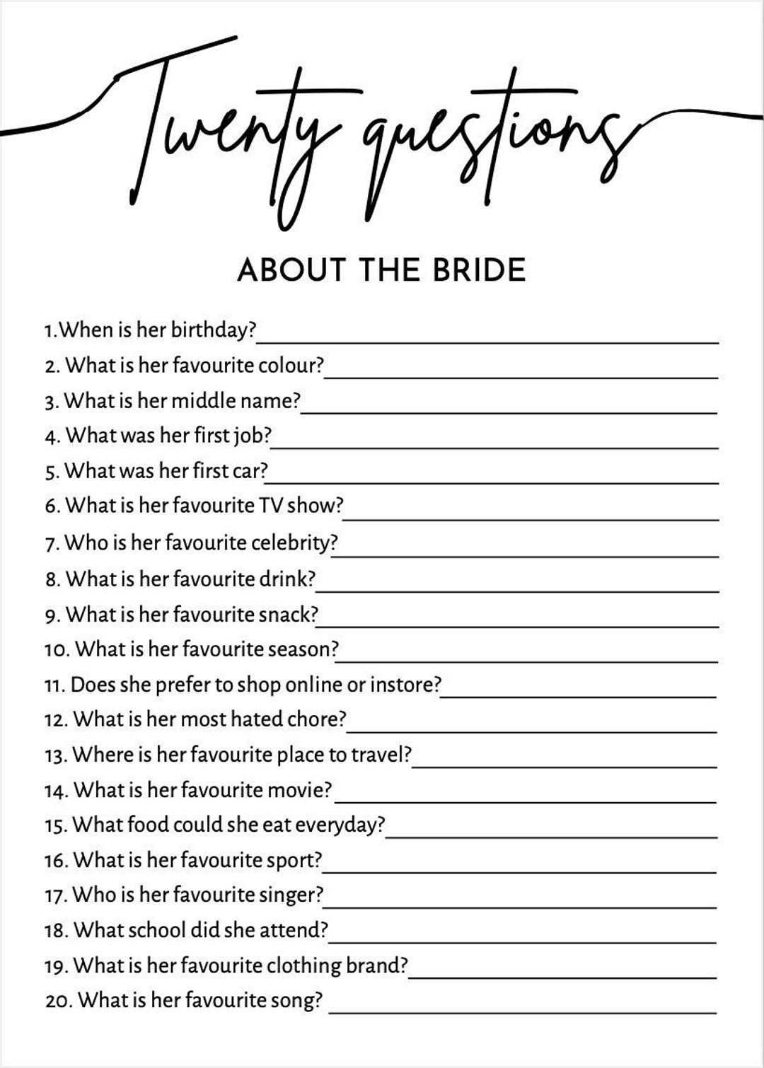 Twenty Questions About the Bride - Etsy