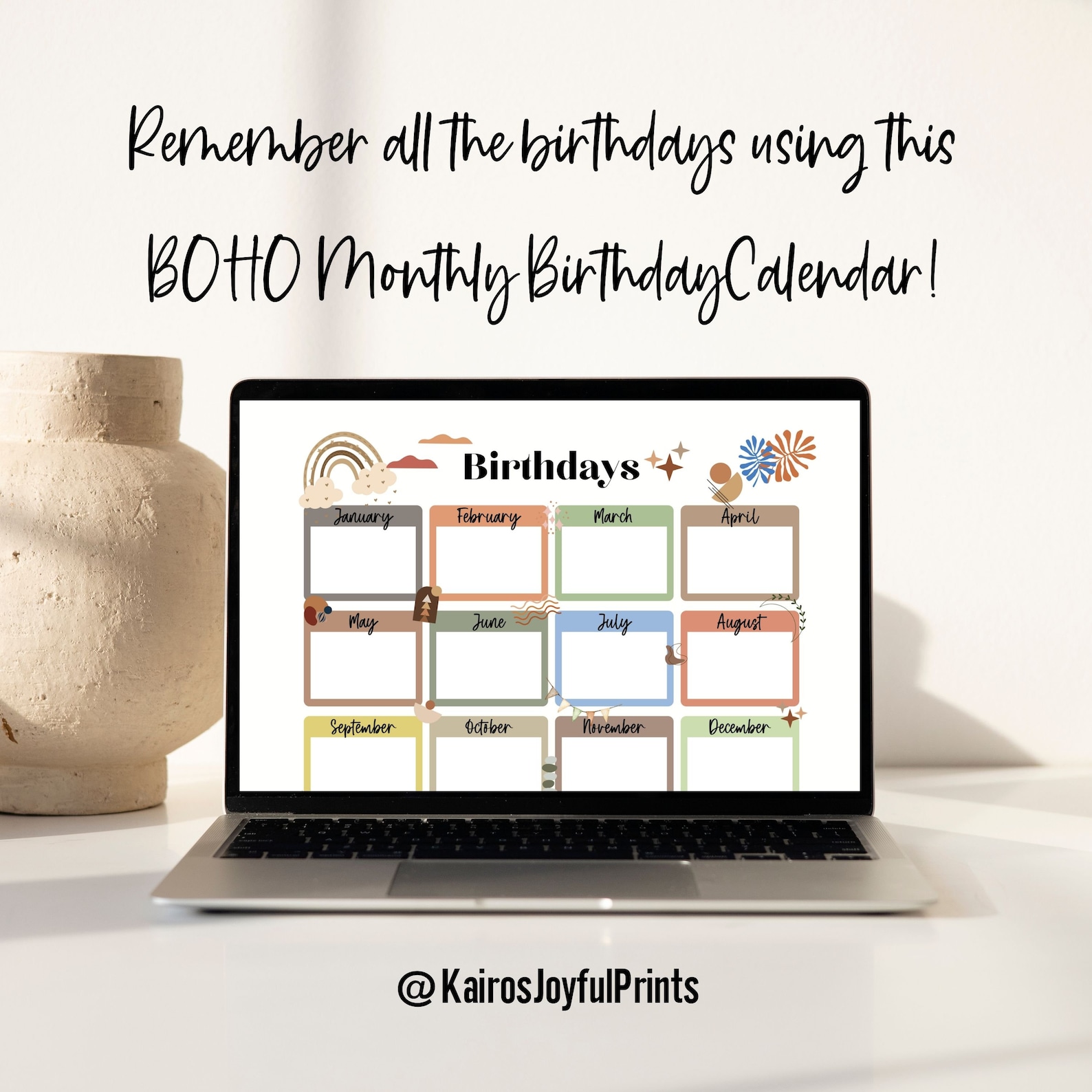 PRINTABLE Birthday Monthly Calendar, Kids Boho Cute Birthday Monthly ...