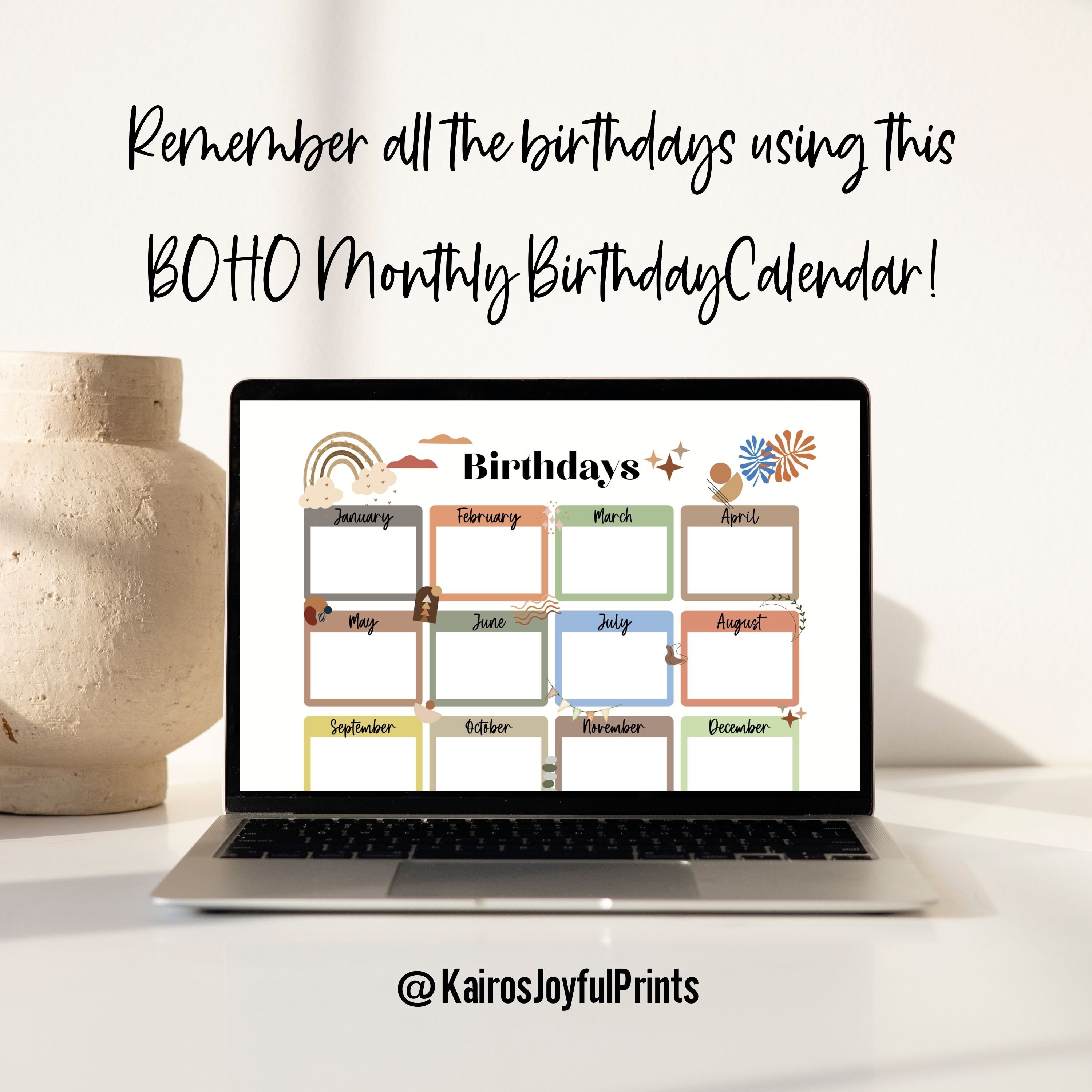 PRINTABLE Birthday Monthly Calendar, Kids Boho Cute Birthday Monthly ...