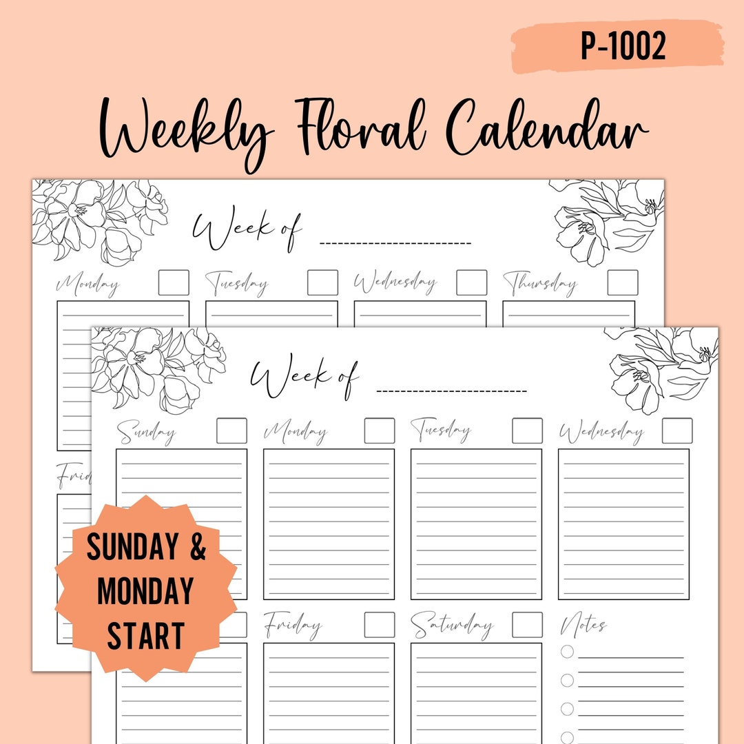 Weekly Calendar, Floral Calendar, Minimalist Undated Weekly Calendar ...