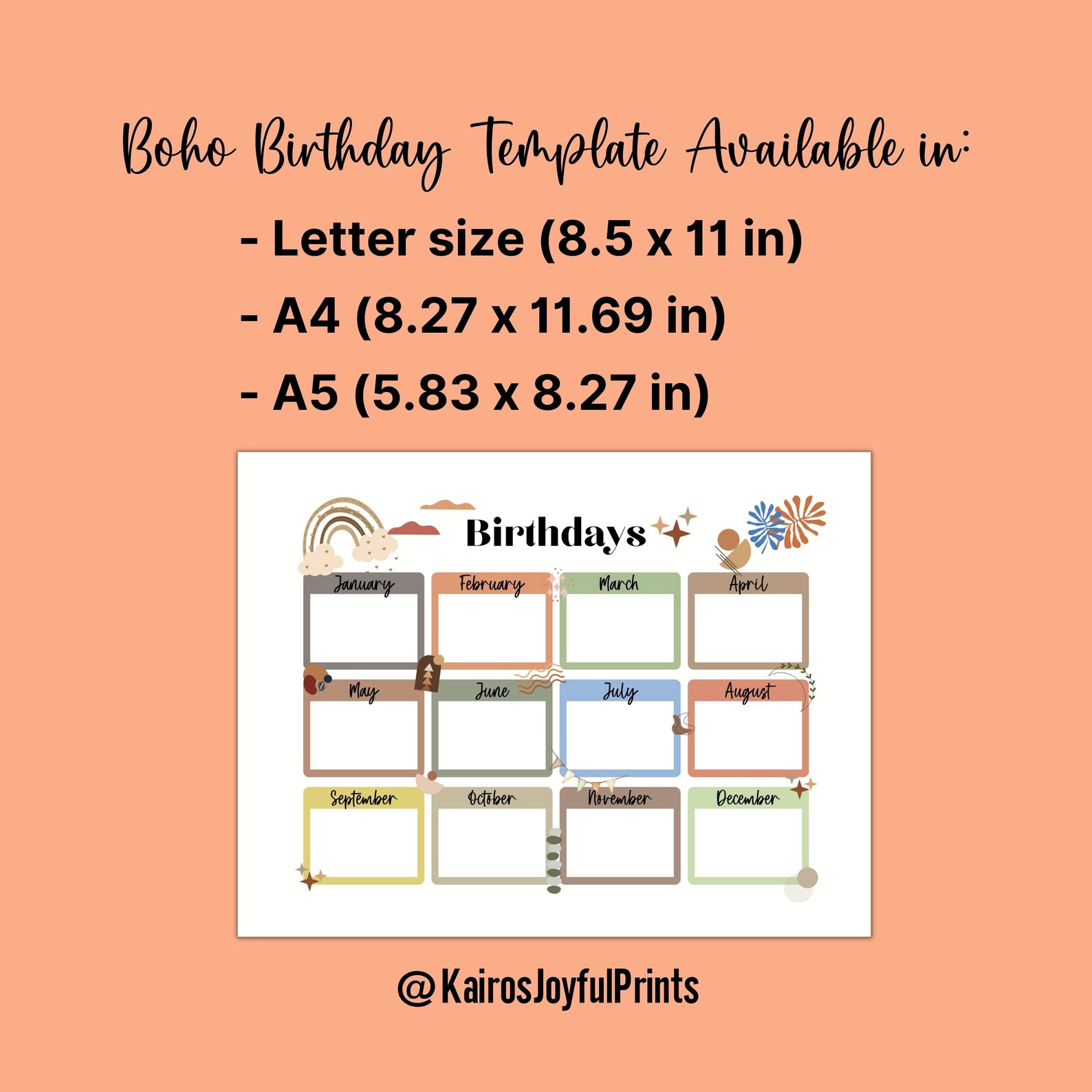 PRINTABLE Birthday Monthly Calendar, Kids Boho Cute Birthday Monthly ...