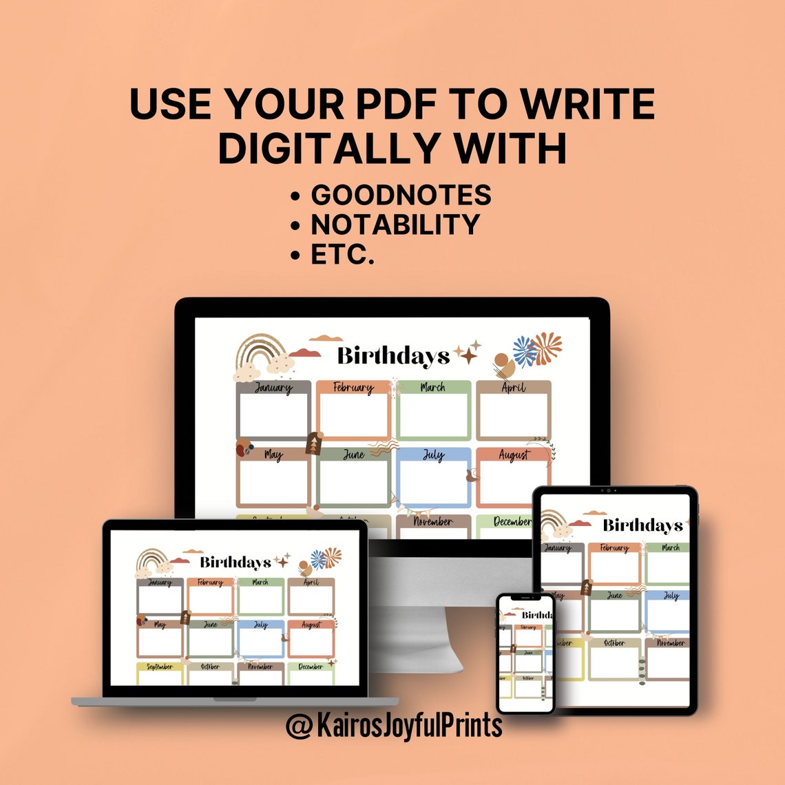 PRINTABLE Birthday Monthly Calendar, Kids Boho Cute Birthday Monthly ...