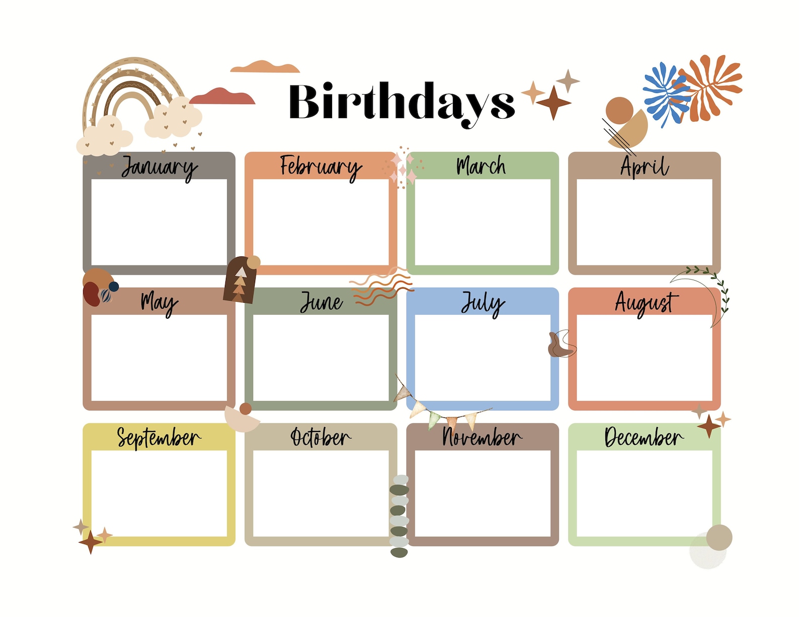 PRINTABLE Birthday Monthly Calendar, Kids Boho Cute Birthday Monthly ...