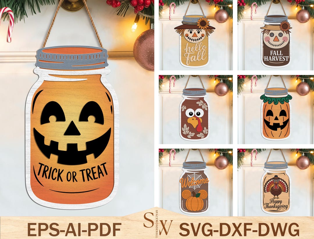 Fall Halloween Mason Jar Sign SVG Bundle, Wood Tag Door Hanger Laser ...