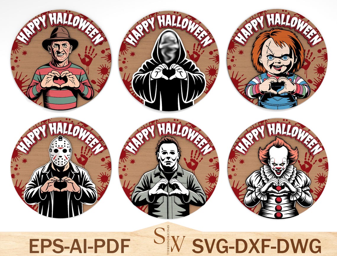 Horror Characters Door Sign Bundle Svg, Halloween Door Hanger Svg ...
