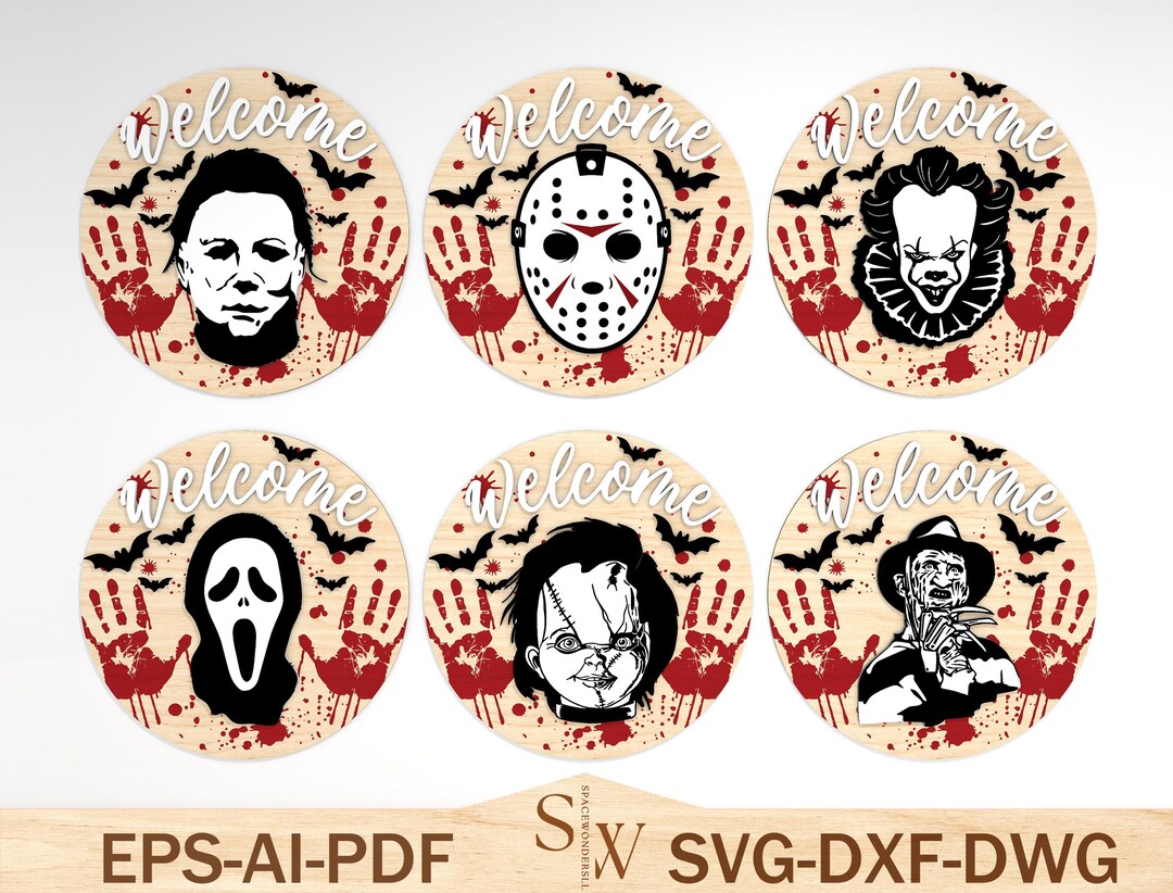Welcome Horror Characters Door Sign Bundle Svg, Halloween Door Hanger ...