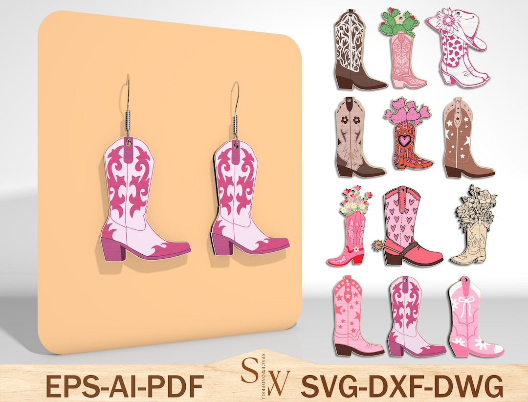 Western Cowboy Boot Wooden Earring Laser Cut File, Cowgirl Boot SVG DXF ...