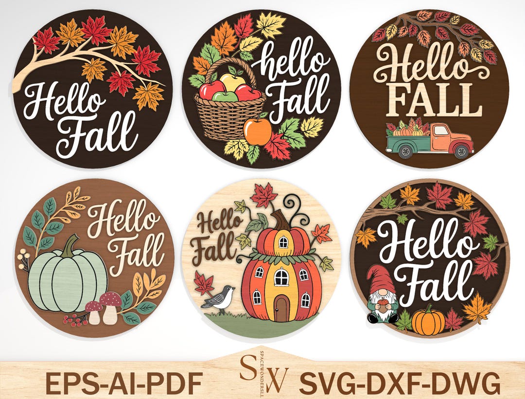 Hello Fall Door Sign SVG Bundle, Layered Autumn Laser Cut Files ...