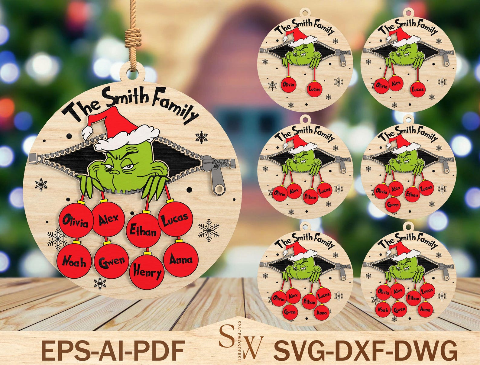Grinch Family Ornament SVG, Personalized Christmas Bauble Name Tag ...
